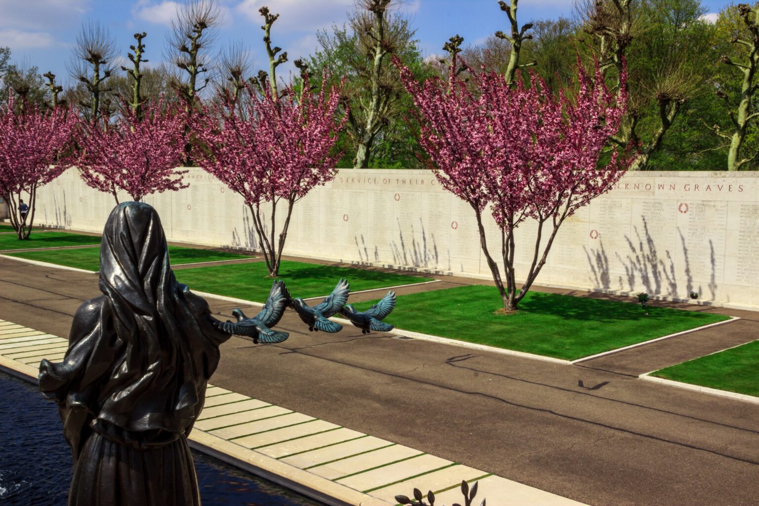 Flowering cherry trees, walls of the missing and the mourning woman ...