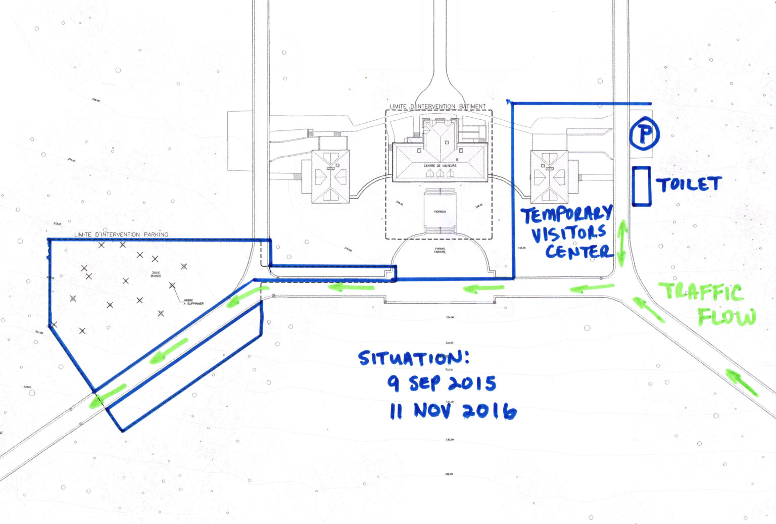 This map shows the location of the temporary office, restrooms and ...